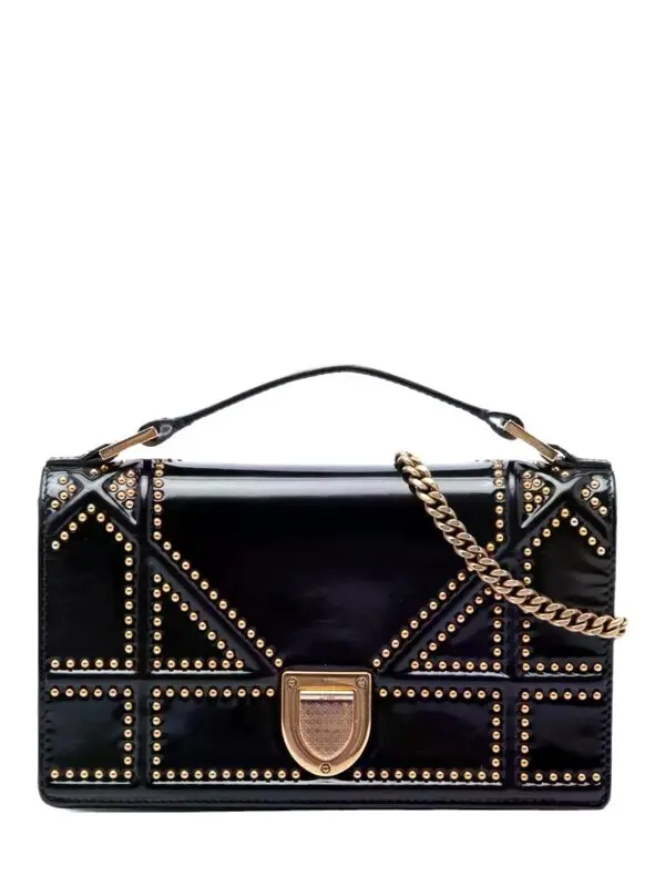 Dior 2017 Studded Patent Diorama Top Handle Wallet On Chain Satchel - Black