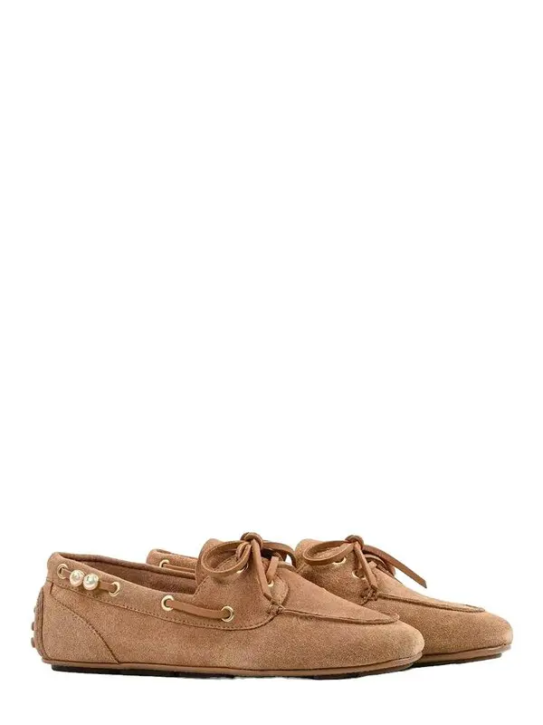 Karl Lagerfeld Ariella Suede Boat Shoes With Pearl Embellishments - Neutrals