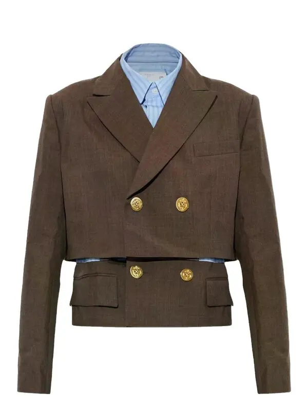 Sacai Double-breasted Layered Cropped Blazer - Brown