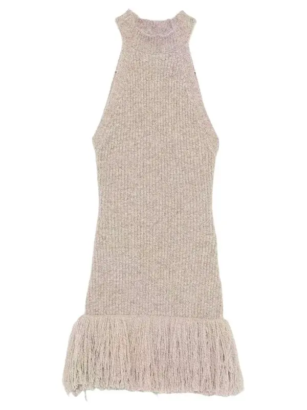 ELY ELY Fringe-trim Ribbed-knit Mini Dress - Neutrals