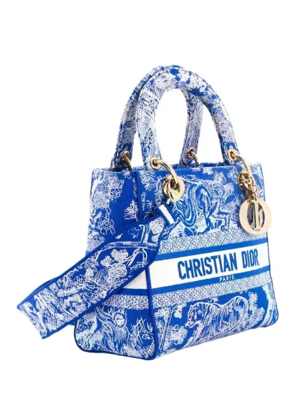 Dior Lady D-lite Bag Embroidered Canvas Medium Satchel - Blue