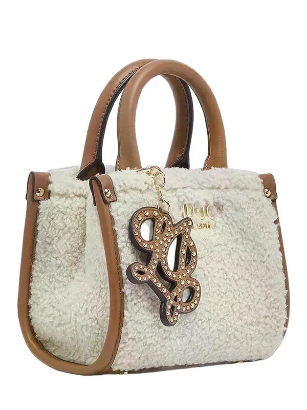Liu Jo Faux Shearling Logo Plaque Tote Bag - Neutrals