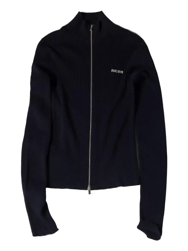 Miu Miu Cotton Zip-up Cardigan With Intarsia Logo - Navy