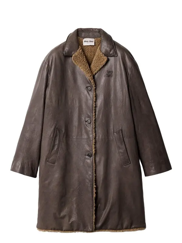 Miu Miu Leather Coat With Shearling-look Lining - Anthracite Gray