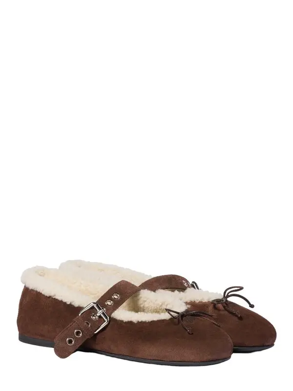 Miu Miu Suede And Shearling Ballerina Flats With Buckle Detailing - Dark Brown