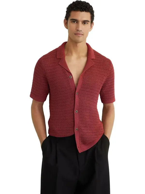 REISS Open-knit Button-through Shirt - Rust Red