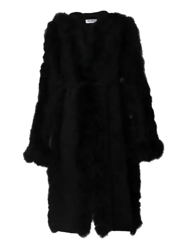 Attico Feather-trim Belted Coat - Black