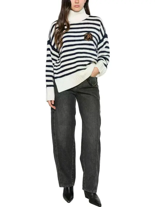 ERMANNO FIRENZE Striped Logo-patch Roll Neck Sweater - White
