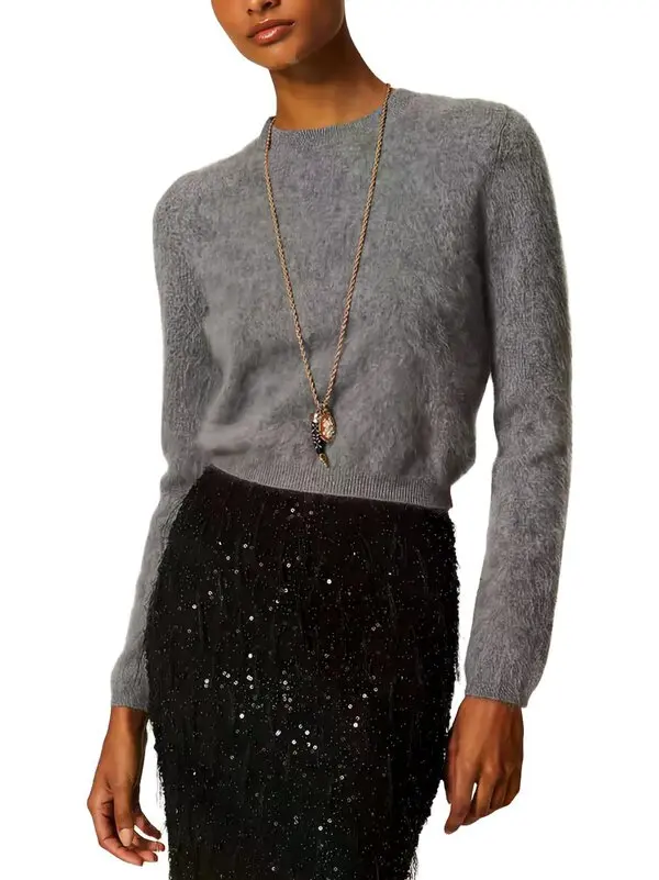 TWINSET Brushed Crew Neck Sweater With Ribbed Details - Grey