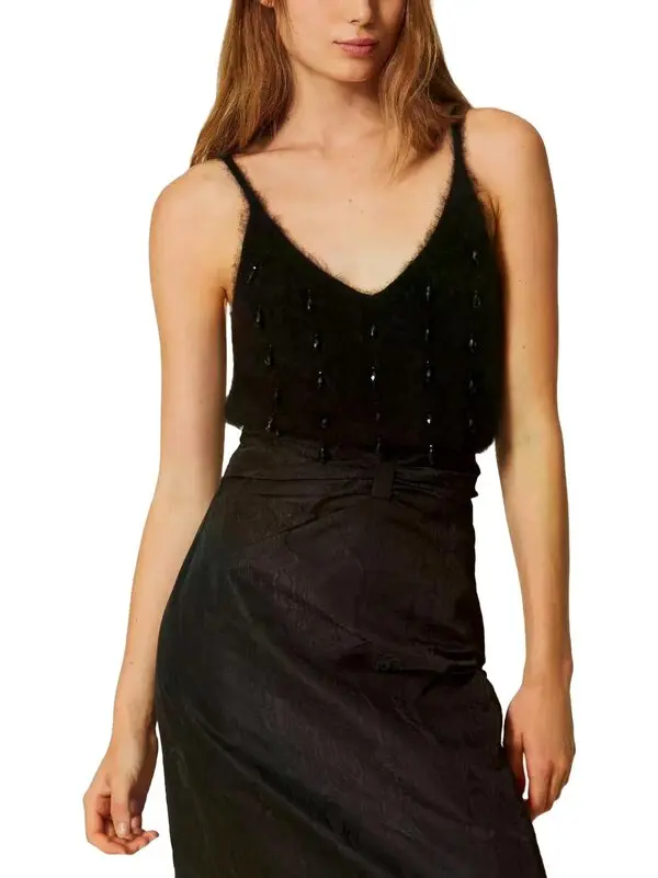 TWINSET Sleeveless V-neck Top With Embroidery - Black