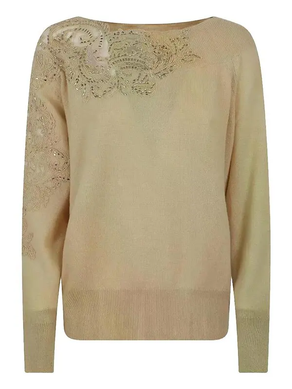 Ermanno Scervino Lace & Crystal Embellished Boat Neck Sweater - Neutrals