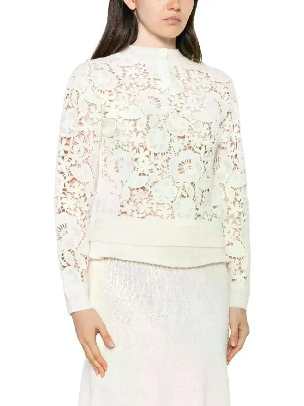 ERMANNO FIRENZE Ecru Wool Floral Lace High Neck Sweater - Neutrals
