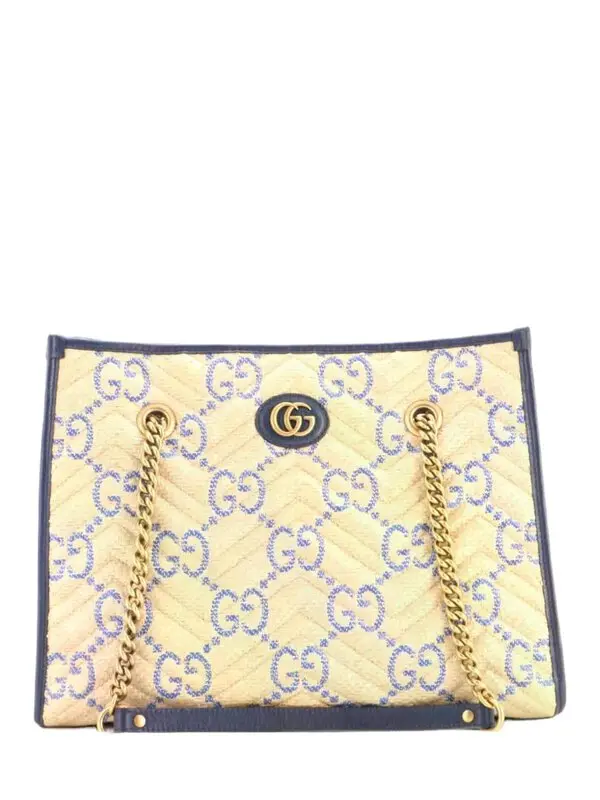 Gucci Gg Marmont Aria Chain Shopping Jumbo Gg Matelasse Raffia Medium Tote Bag - Blue