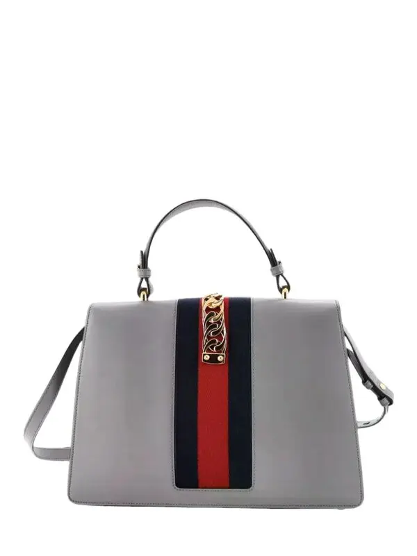 Gucci Sylvie Top Handle Bag Embroidered Leather Medium Satchel - Grey