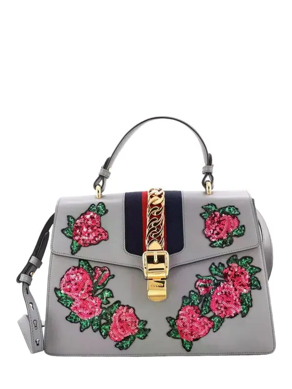 Gucci Sylvie Embroidered Leather Medium Satchel - Grey