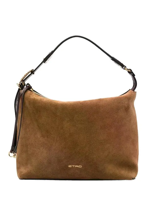 Etro Logo Plaque Suede Shoulder Bag - Brown