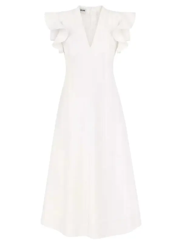 Moschino Ruffled-sleeve V-neck Midi Dress - White
