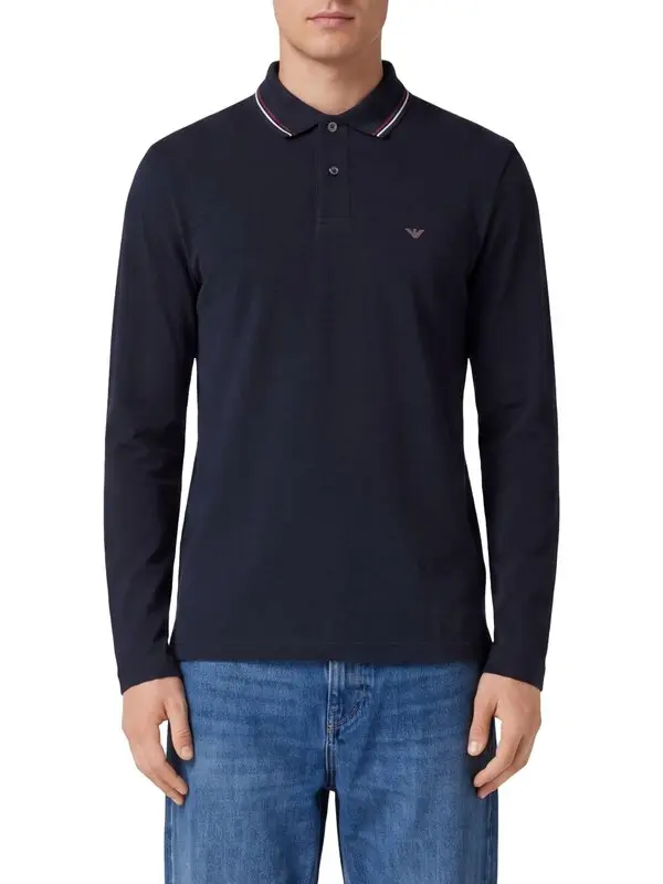 Emporio Armani Slim Fit Long-sleeved Polo Shirt In Stretch Cotton - Blue