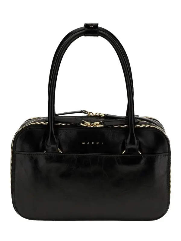 Marni Small Leather Boston Bag With Wrinkled Effect And Double Handle - Black
