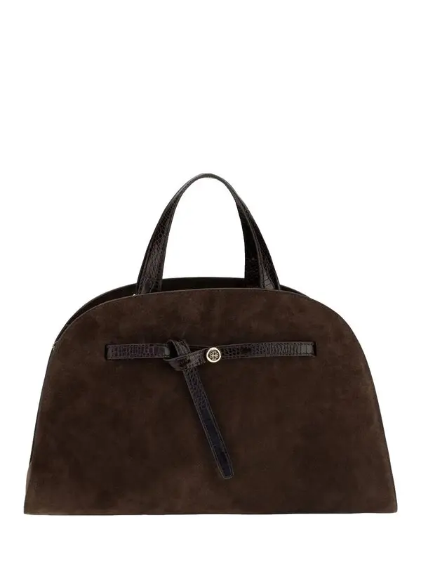 Tory Burch Romy Leather And Suede Tote Bag With Metal Double T Logo - Brown