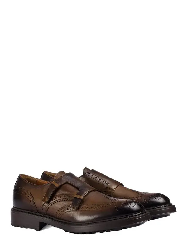 DOUCAL'S Smooth Calfskin Double Monk Strap Shoes With Rubber Sole - Brown