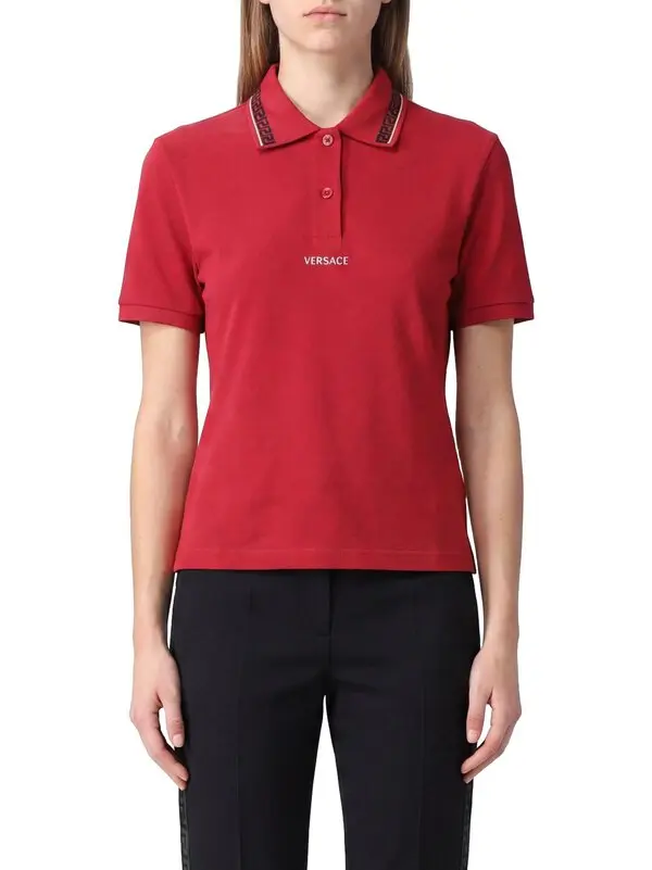 Versace Slim Fit Cotton Polo Shirt With Contrast Logo And Piping - Red