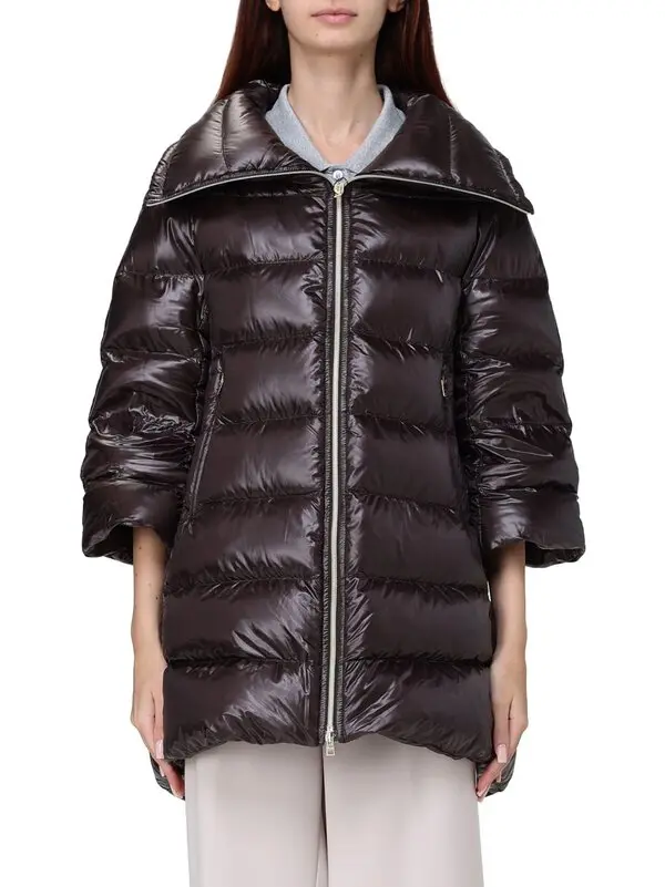 Herno Long Quilted Nylon Puffer Coat With Funnel Neck And Zip Closure - Brown
