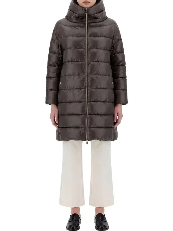 Herno Long Quilted Nylon Puffer Coat With Funnel Neck And Zip Closure - Grey