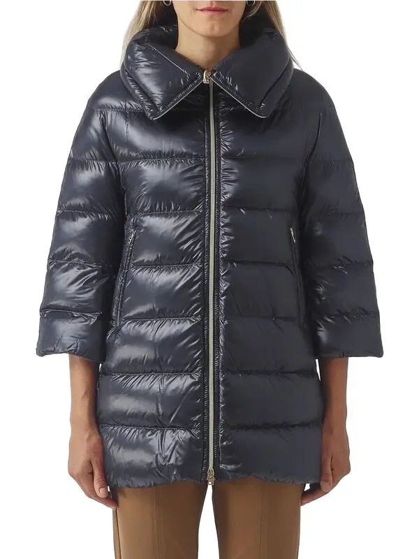 Herno Long Quilted Nylon Puffer Coat With Funnel Neck And Zip Closure - Navy