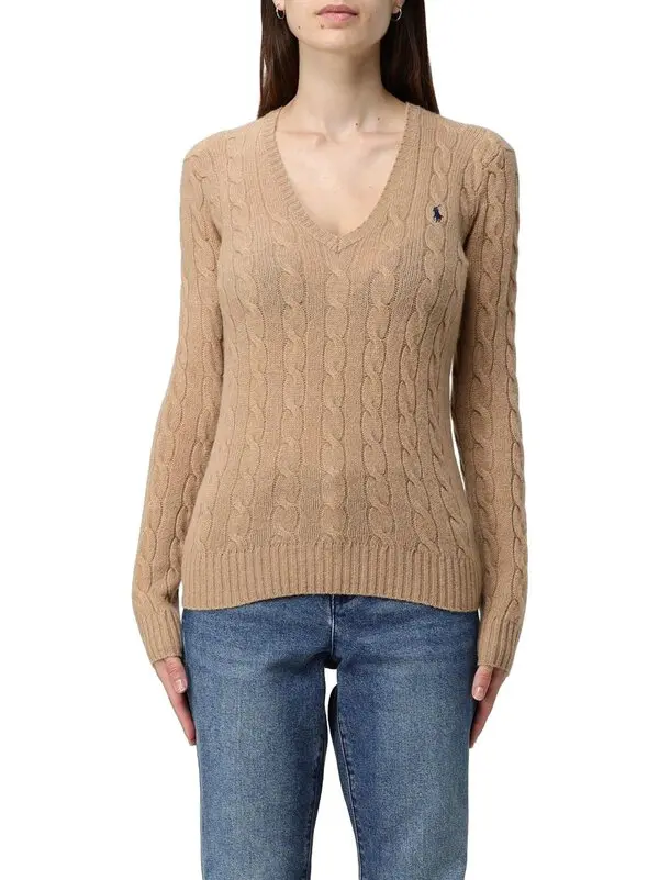 Polo Ralph Lauren Slim Fit V-neck Wool Sweater With Embroidered Pony Logo - Beige