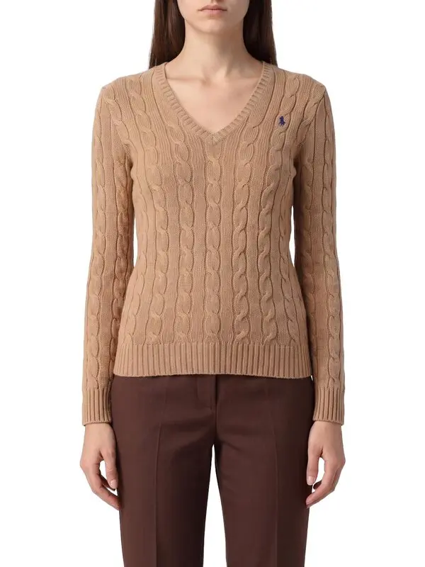 Polo Ralph Lauren Slim Fit V-neck Wool Sweater With Embroidered Pony Logo - Camel