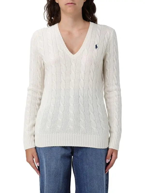 Polo Ralph Lauren Slim Fit V-neck Wool Sweater With Embroidered Pony Logo - Cream