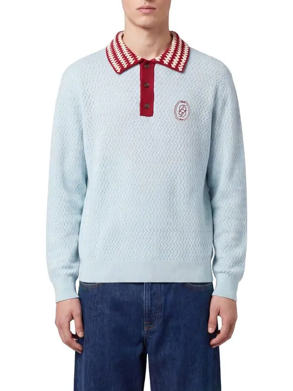 Drole De Monsieur Knitted Polo In Perforated Cotton With Contrast Trims - Gnawed Blue