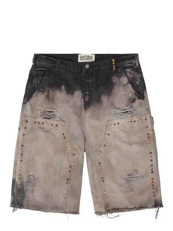 SATOSHI NAKAMOTO Distressed Denim Shorts With Embellishments - Black