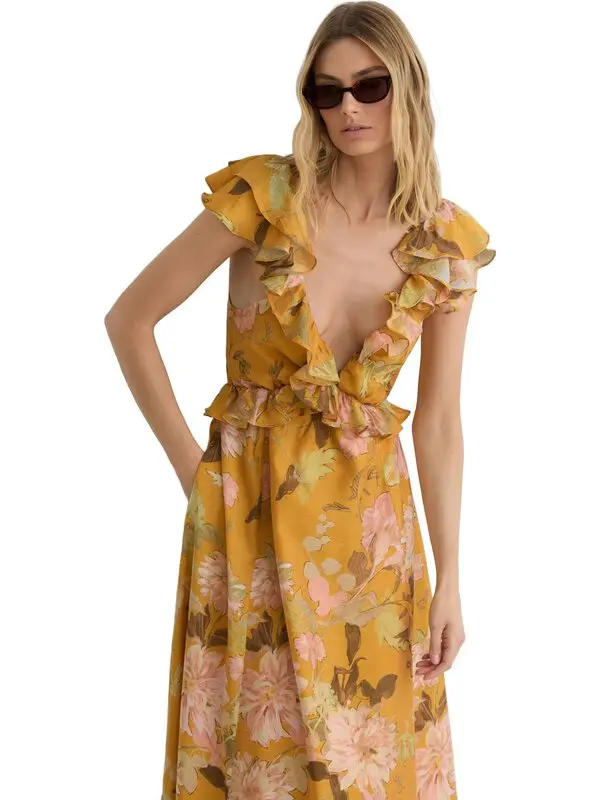 REISS Floral-print Frill-trim Midi Dress - Yellow