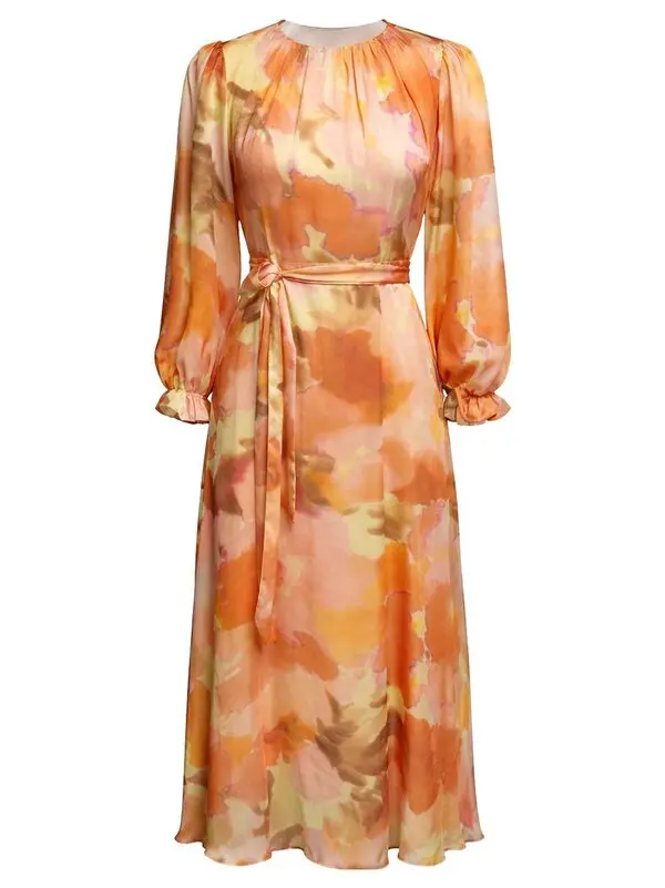 EXQUISE Emory Midi Dress Abstract Watercolour Print - Orange
