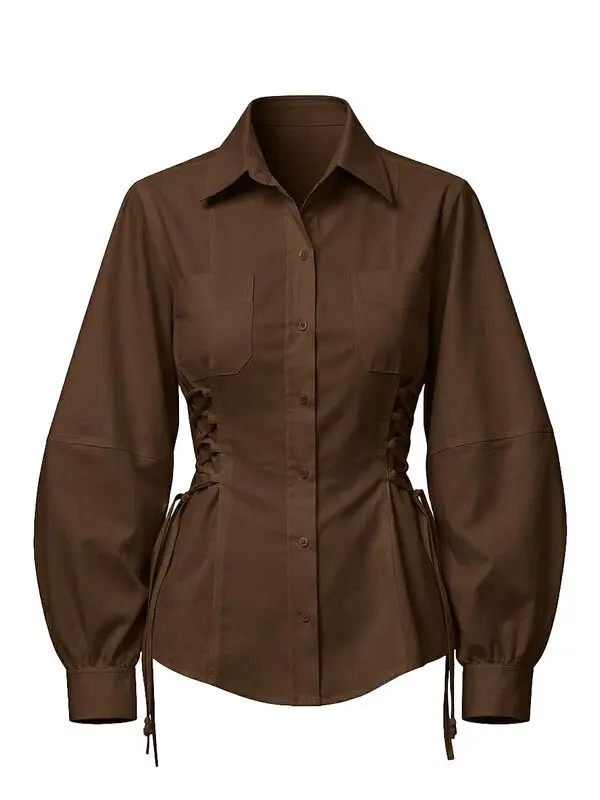 EXQUISE Arcene Fitted Waist Balloon Sleeve Shirt - Brown