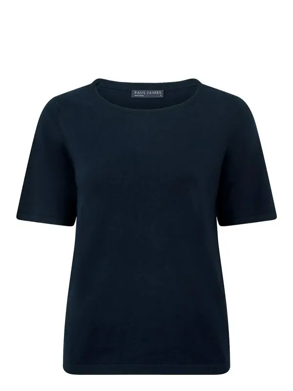 PAUL JAMES KNITWEAR Ultra Fine Cotton Fern Crew Neck Knitted T-shirt Navy - Blue