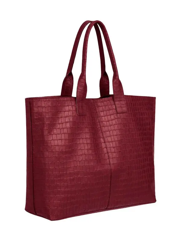 JUAN-JO Burgundy Croc Embossed Leather Oversized Tote Bag - Red