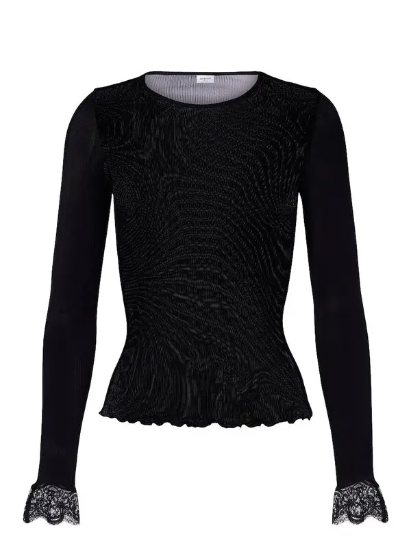 Saint Laurent Lace-trimmed Ribbed-knit Silk Top - Black