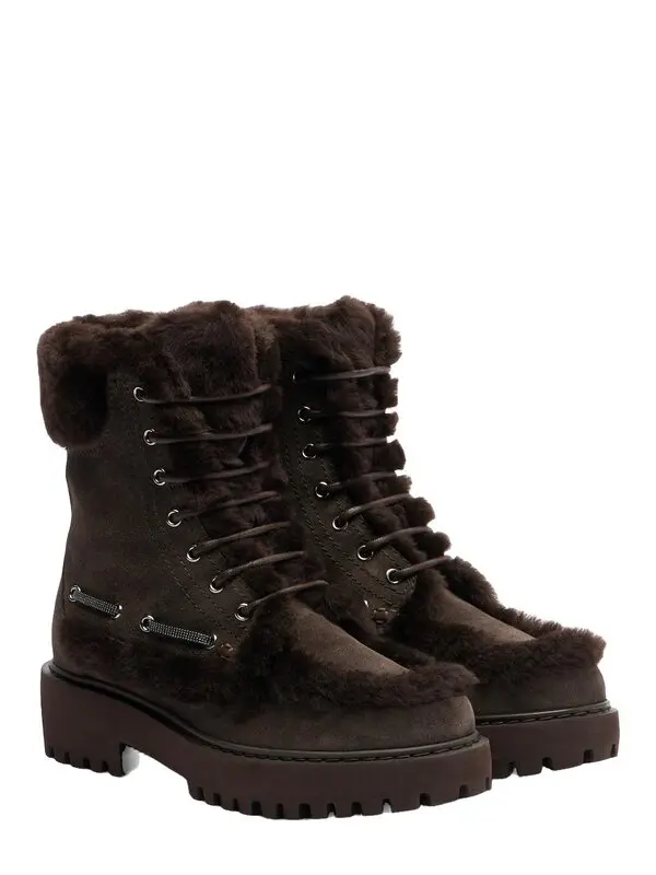 Brunello Cucinelli Monili Shearling-trimmed Suede Lace-up Boots - Brown