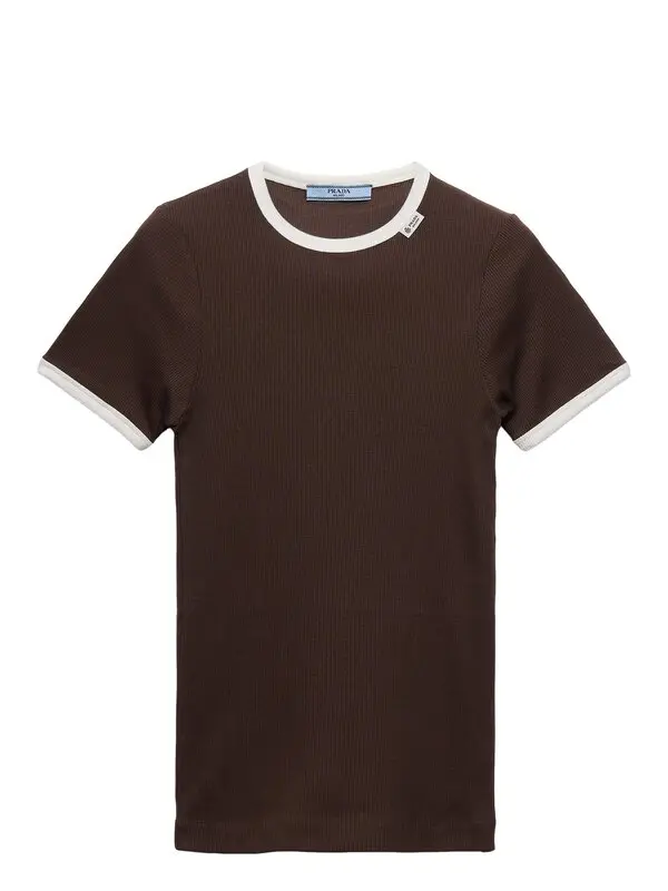 Prada Ribbed Knit Crew Neck Short Sleeve Top - Ebony/white