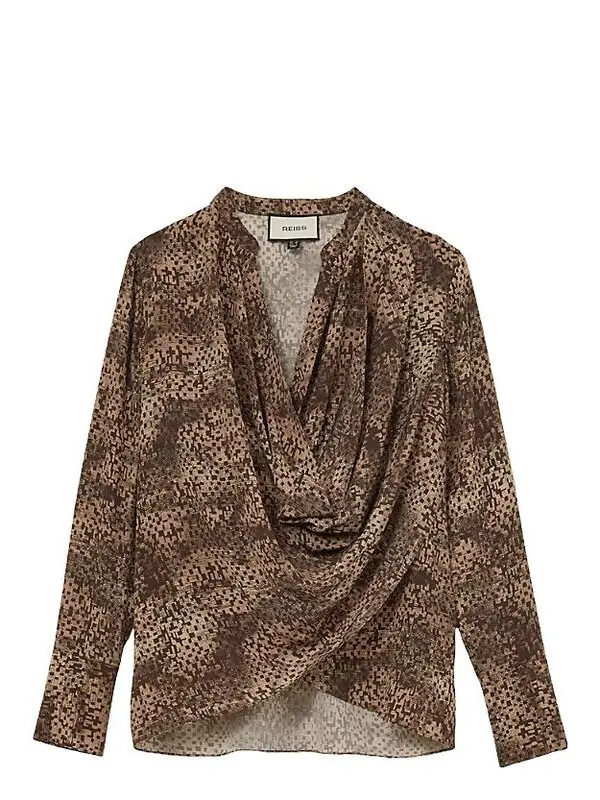 REISS Laurie Draped Silk Blouse - Brown Print