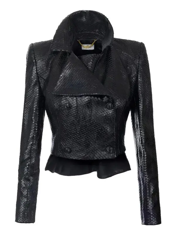 Elisabetta Franchi Double-breasted Cropped Leather Jacket With Fish Scale Pattern - Black