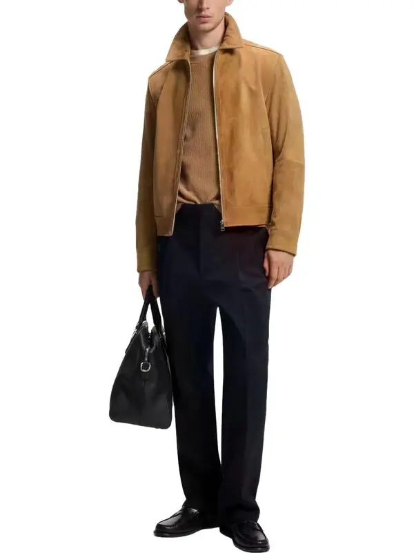 BOSS Suede Leather Jacket With Zipper Closure - Neutrals