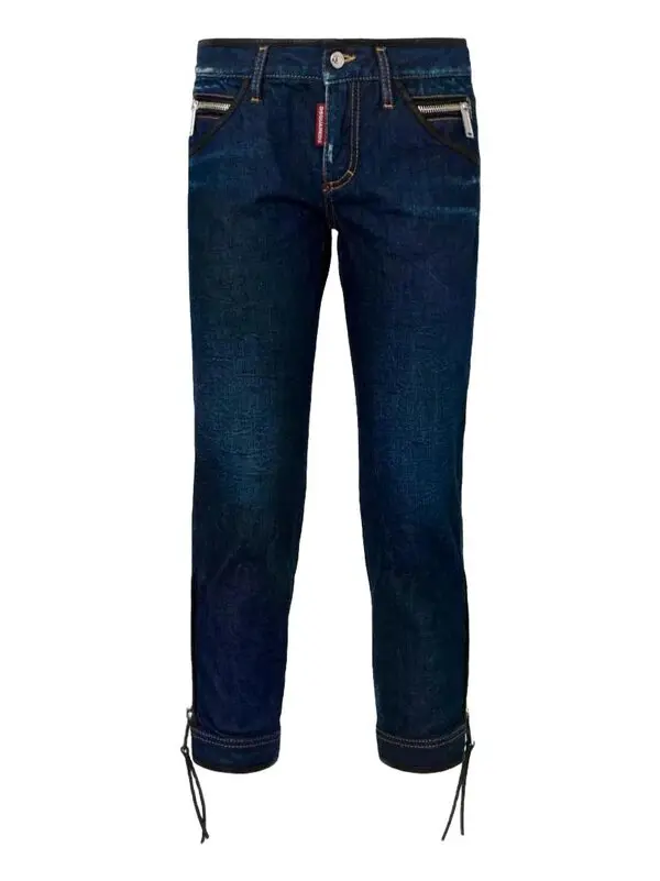 Dsquared2 Dark Wash Skinny Cropped Jeans With Leather Trim And Zip Details - Blue