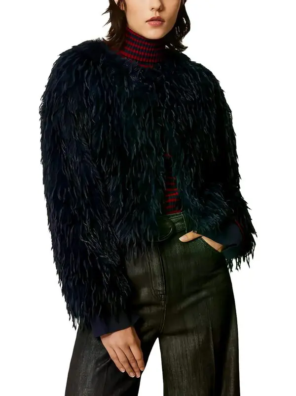 TWINSET Cropped Faux Fur Jacket - Midnight Navy
