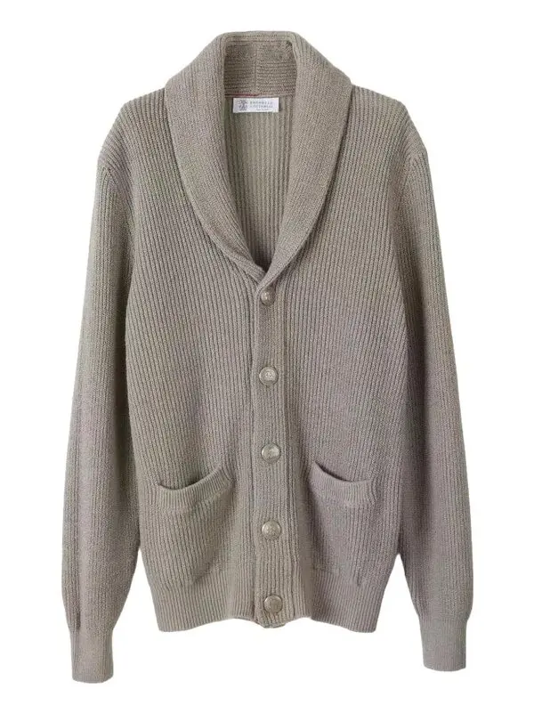 Brunello Cucinelli Ribbed Knit Shawl Collar Cardigan - Grey