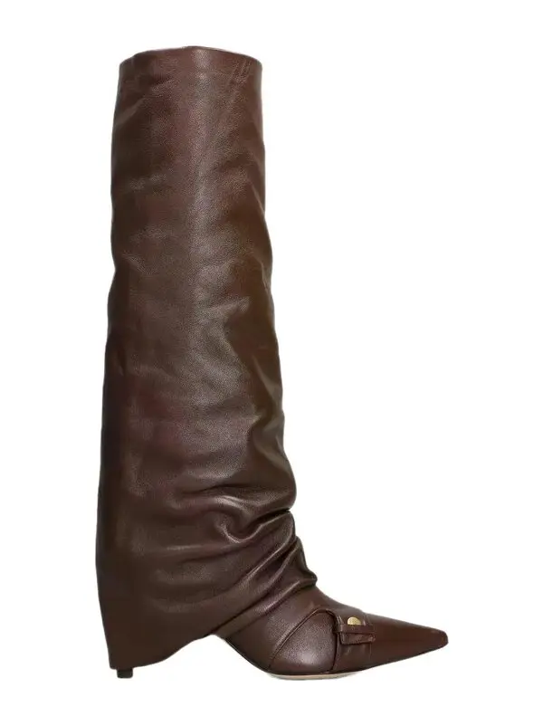 THE SELLER Pointed-toe Slouchy Leather Boots With Gold-tone Stud Detail - Brown