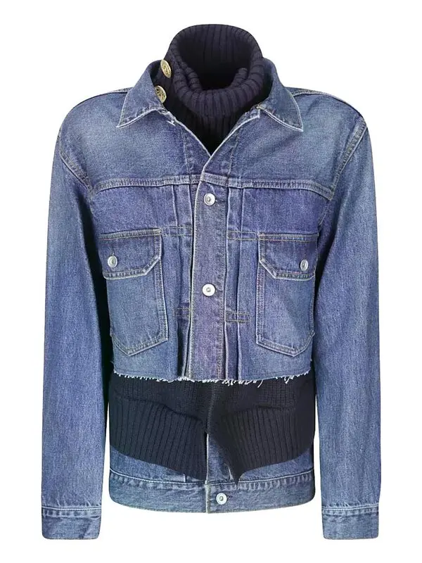Sacai Paneled Denim Jacket With Ribbed Knit - Blue